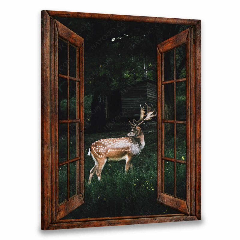 Hayooo Faux Window Canvas Little Deer In Dark Forest Wall Art For Home ...