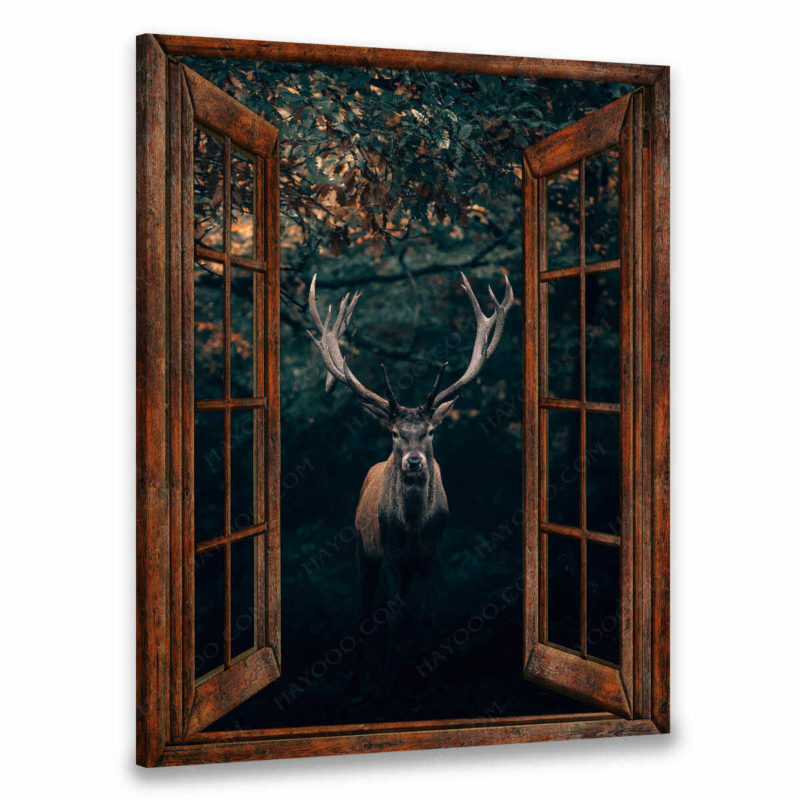 Hayooo Faux Window Canvas Cute Deer In Dark Forest Wall Art For Home ...