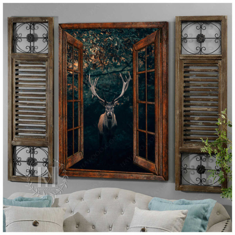 Hayooo Faux Window Canvas Cute Deer In Dark Forest Wall Art For Home ...