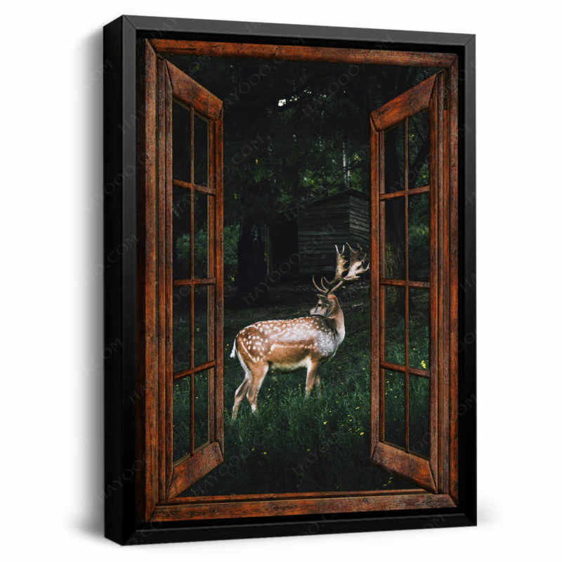 Hayooo Faux Window Canvas Little Deer In Dark Forest Wall Art For Home ...