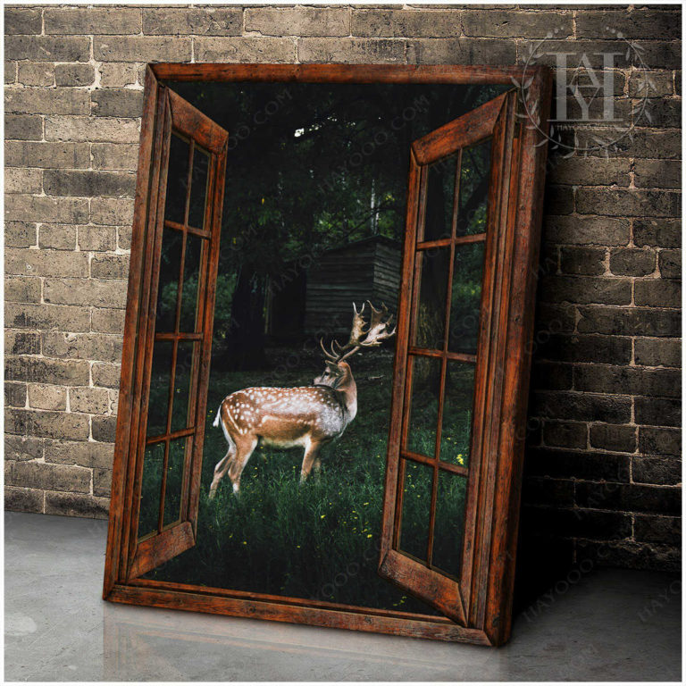 Hayooo Faux Window Canvas Little Deer In Dark Forest Wall Art For Home ...